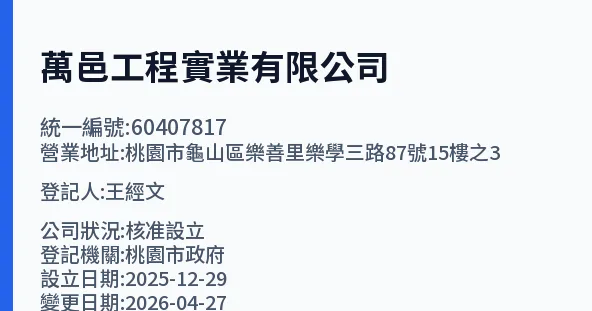萬邑工程實業有限公司的照片-統編 60407817(桃園市) 公司登記資料與營業項目詳細圖表