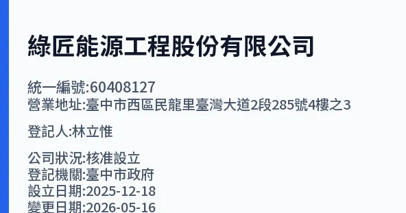 綠匠能源工程股份有限公司的照片-統編 60408127(臺中市) 公司登記資料與營業項目詳細圖表