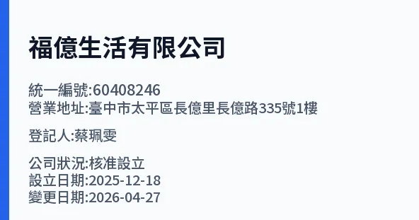 福億生活有限公司的照片-統編 60408246(臺中市) 公司登記資料與營業項目詳細圖表