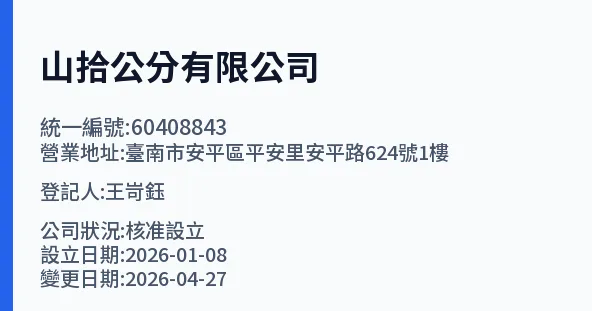山拾公分有限公司的照片-統編 60408843(臺南市) 公司登記資料與營業項目詳細圖表