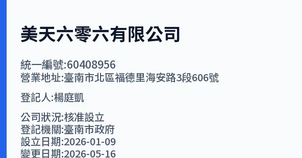 美天六零六有限公司的照片-統編 60408956(臺南市) 公司登記資料與營業項目詳細圖表