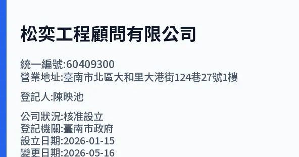 松奕工程顧問有限公司的照片-統編 60409300(臺南市) 公司登記資料與營業項目詳細圖表