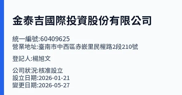 金泰吉國際投資股份有限公司的照片-統編 60409625(臺南市) 公司登記資料與營業項目詳細圖表
