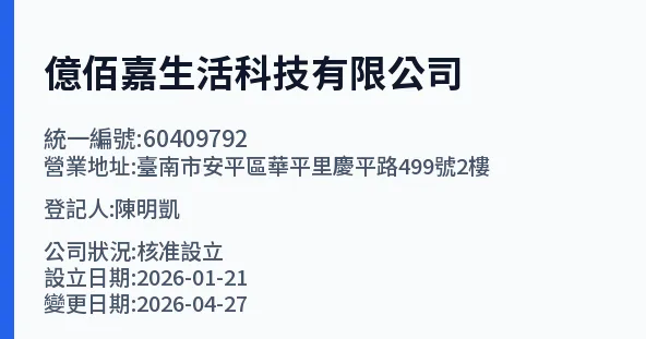 億佰嘉生活科技有限公司的照片-統編 60409792(臺南市) 公司登記資料與營業項目詳細圖表