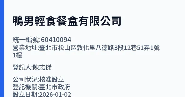 鴨男輕食餐盒有限公司的照片-統編 60410094(臺北市) 公司登記資料與營業項目詳細圖表