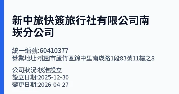 新中旅快簽旅行社有限公司南崁分公司的照片-統編 60410377(桃園市) 公司登記資料與營業項目詳細圖表