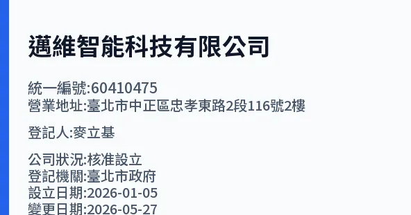 邁維智能科技有限公司的照片-統編 60410475(臺北市) 公司登記資料與營業項目詳細圖表