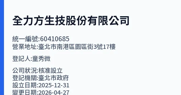 全力方生技股份有限公司的照片-統編 60410685(臺北市) 公司登記資料與營業項目詳細圖表