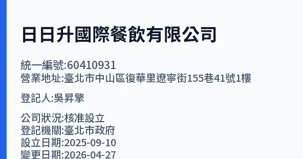 日日升國際餐飲有限公司的照片-統編 60410931(臺北市) 公司登記資料與營業項目詳細圖表