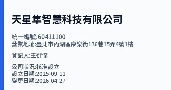 天星隼智慧科技有限公司的照片-統編 60411100(臺北市) 公司登記資料與營業項目詳細圖表