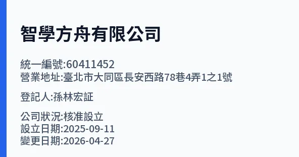 智學方舟有限公司的照片-統編 60411452(臺北市) 公司登記資料與營業項目詳細圖表
