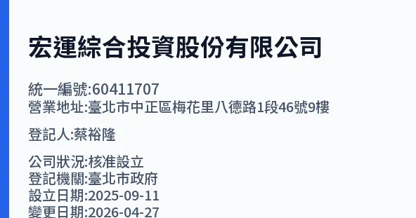 宏運綜合投資股份有限公司的照片-統編 60411707(臺北市) 公司登記資料與營業項目詳細圖表
