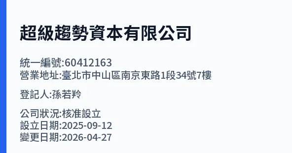 超級趨勢資本有限公司的照片-統編 60412163(臺北市) 公司登記資料與營業項目詳細圖表