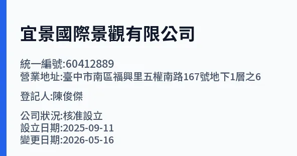 宜景國際景觀有限公司的照片-統編 60412889(臺中市) 公司登記資料與營業項目詳細圖表