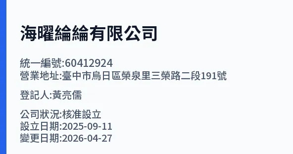 海曜綸綸有限公司的照片-統編 60412924(臺中市) 公司登記資料與營業項目詳細圖表