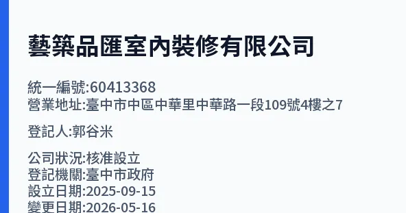 藝築品匯室內裝修有限公司的照片-統編 60413368(臺中市) 公司登記資料與營業項目詳細圖表