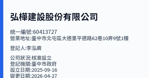 弘樺建設股份有限公司的照片-統編 60413727(臺中市) 公司登記資料與營業項目詳細圖表