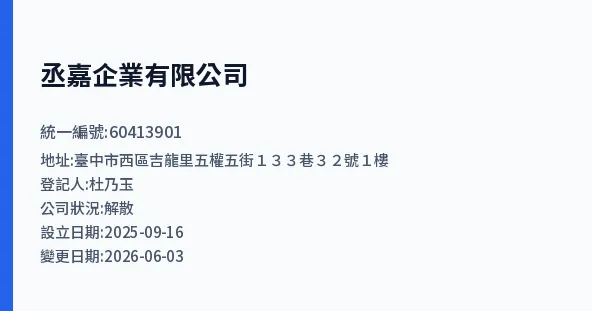 丞嘉企業有限公司的照片-統編 60413901(臺中市) 公司登記資料與營業項目詳細圖表