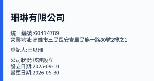 珊琳有限公司的照片-統編 60414789(高雄市) 公司登記資料與營業項目詳細圖表