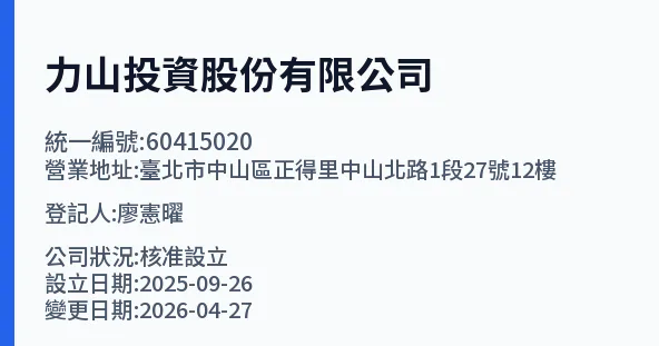 力山投資股份有限公司的照片-統編 60415020(臺北市) 公司登記資料與營業項目詳細圖表