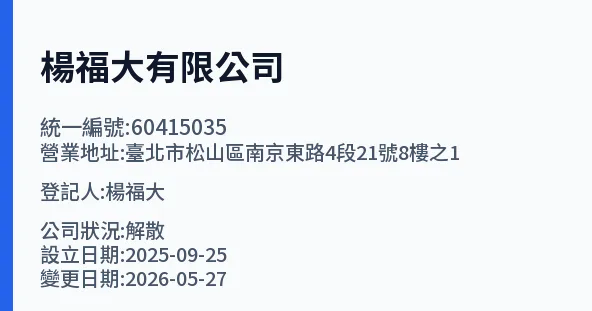 楊福大有限公司的照片-統編 60415035(臺北市) 公司登記資料與營業項目詳細圖表