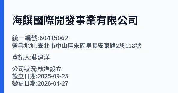 海饌國際開發事業有限公司的照片-統編 60415062(臺北市) 公司登記資料與營業項目詳細圖表