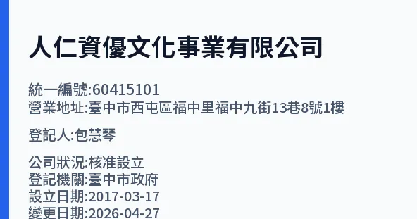 人仁資優文化事業有限公司的照片-統編 60415101(臺中市) 公司登記資料與營業項目詳細圖表
