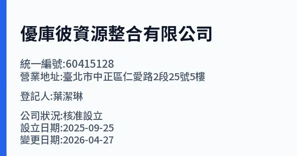 優庫彼資源整合有限公司的照片-統編 60415128(臺北市) 公司登記資料與營業項目詳細圖表