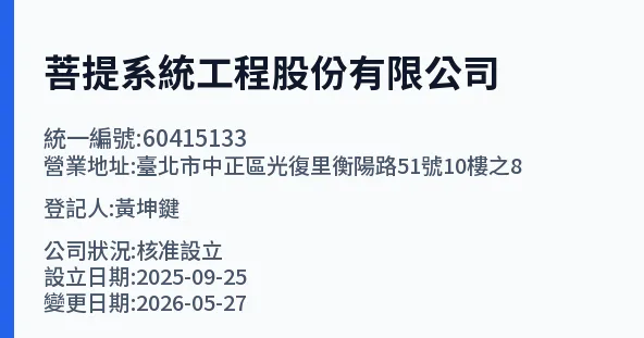 菩提系統工程股份有限公司的照片-統編 60415133(臺北市) 公司登記資料與營業項目詳細圖表
