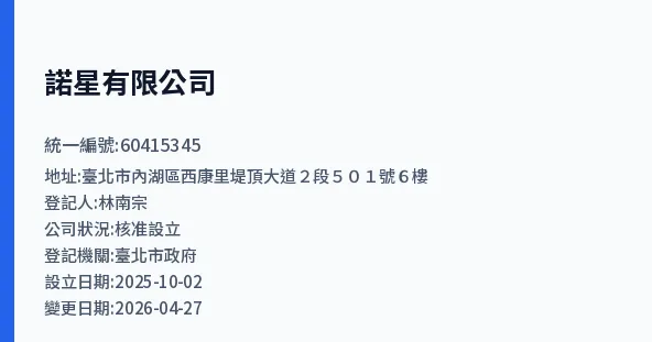 諾星有限公司的照片-統編 60415345(臺北市) 公司登記資料與營業項目詳細圖表