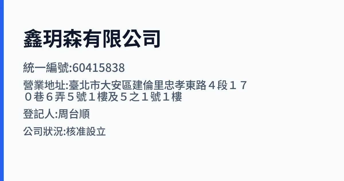 鑫玥森有限公司 - 統編 60415838(臺北市) 公司登記資料與營業項目詳細圖表
