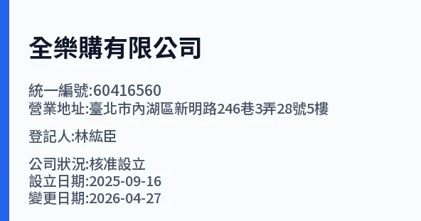 全樂購有限公司的照片-統編 60416560(臺北市) 公司登記資料與營業項目詳細圖表
