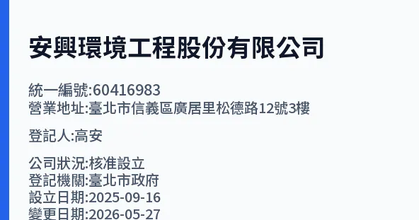 安興環境工程股份有限公司的照片-統編 60416983(臺北市) 公司登記資料與營業項目詳細圖表