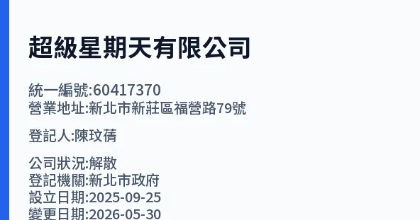 超級星期天有限公司的照片-統編 60417370(新北市) 公司登記資料與營業項目詳細圖表