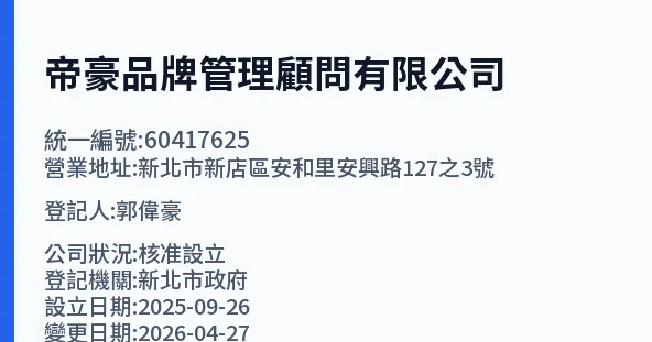 帝豪品牌管理顧問有限公司的照片-統編 60417625(新北市) 公司登記資料與營業項目詳細圖表