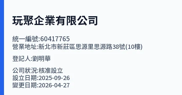 玩聚企業有限公司的照片-統編 60417765(新北市) 公司登記資料與營業項目詳細圖表
