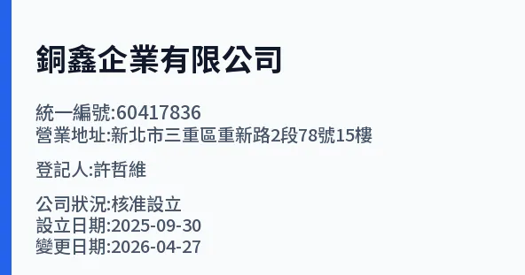 銅鑫企業有限公司的照片-統編 60417836(新北市) 公司登記資料與營業項目詳細圖表