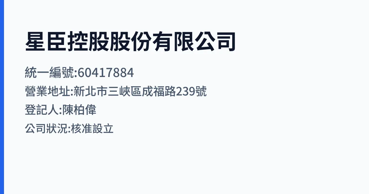 星臣控股股份有限公司 - 統編 60417884(新北市) 公司登記資料與營業項目詳細圖表
