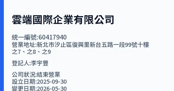 雲端國際企業有限公司的照片-統編 60417940(新北市) 公司登記資料與營業項目詳細圖表