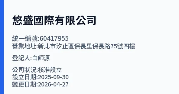 悠盛國際有限公司的照片-統編 60417955(新北市) 公司登記資料與營業項目詳細圖表
