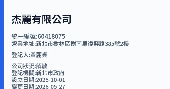 杰麗有限公司的照片-統編 60418075(新北市) 公司登記資料與營業項目詳細圖表