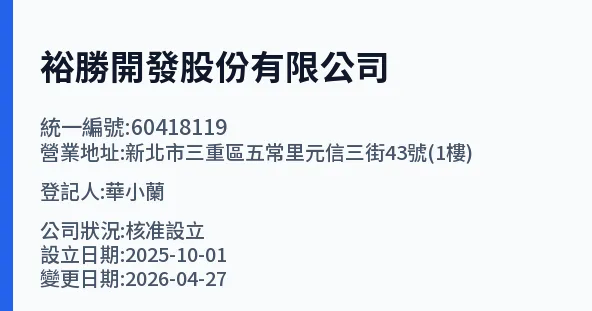 裕勝開發股份有限公司的照片-統編 60418119(新北市) 公司登記資料與營業項目詳細圖表