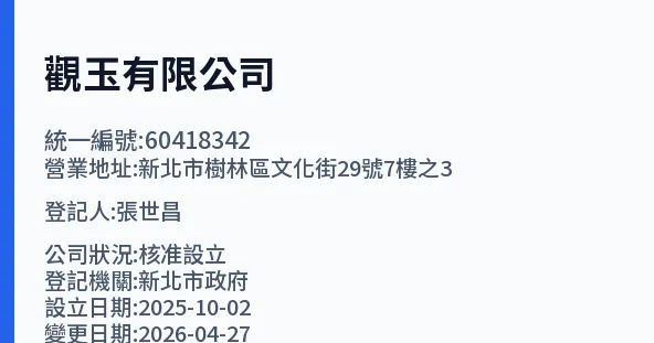 觀玉有限公司的照片-統編 60418342(新北市) 公司登記資料與營業項目詳細圖表