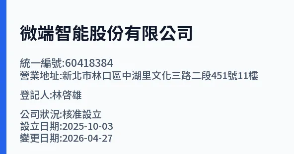 微端智能股份有限公司的照片-統編 60418384(新北市) 公司登記資料與營業項目詳細圖表