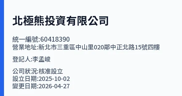 北極熊投資有限公司的照片-統編 60418390(新北市) 公司登記資料與營業項目詳細圖表