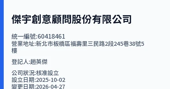 傑宇創意顧問股份有限公司的照片-統編 60418461(新北市) 公司登記資料與營業項目詳細圖表