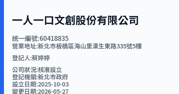 一人一口文創股份有限公司的照片-統編 60418835(新北市) 公司登記資料與營業項目詳細圖表