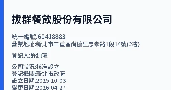 拔群餐飲股份有限公司的照片-統編 60418883(新北市) 公司登記資料與營業項目詳細圖表
