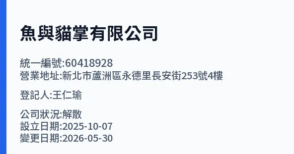 魚與貓掌有限公司的照片-統編 60418928(新北市) 公司登記資料與營業項目詳細圖表