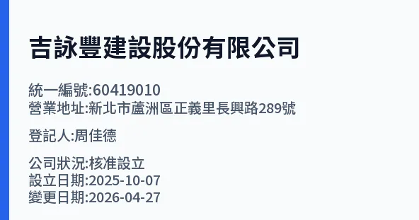 吉詠豐建設股份有限公司的照片-統編 60419010(新北市) 公司登記資料與營業項目詳細圖表